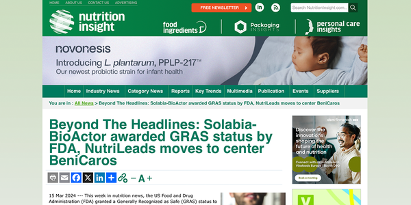 Nutrition Insight – Beyond The Headlines: Solabia-BioActor awarded GRA ...